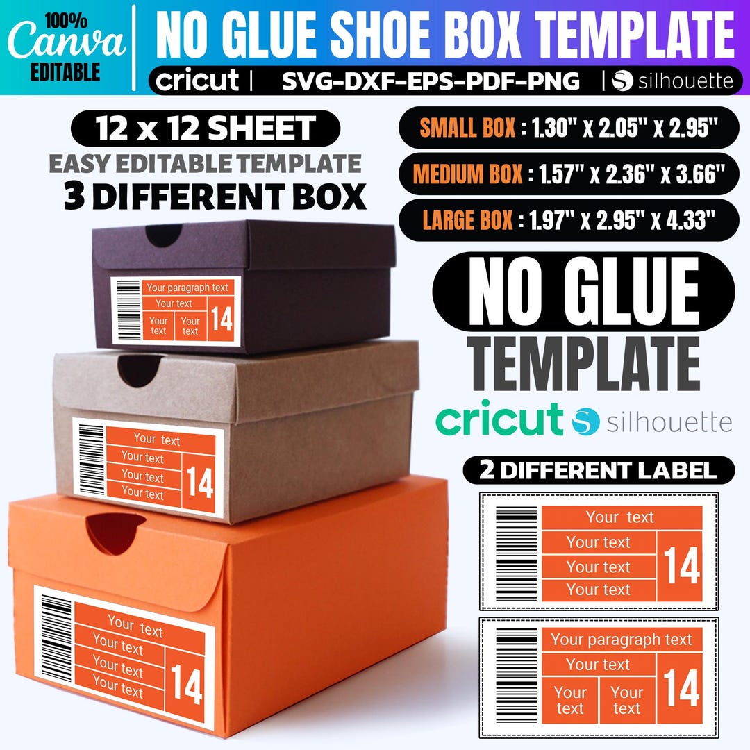 No Glue Shoe Box Template Bundle | Editable Label, 3 Sizes (svg, Pdf ...
