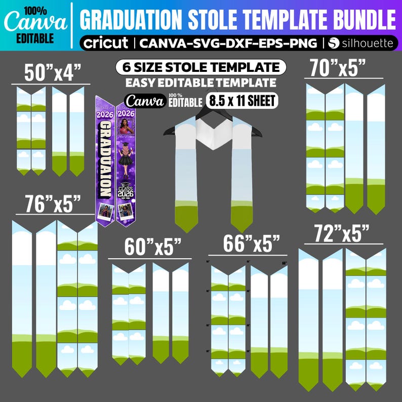 Graduation Stole Template Bundle Canva Editable, Senior Stole Template ...