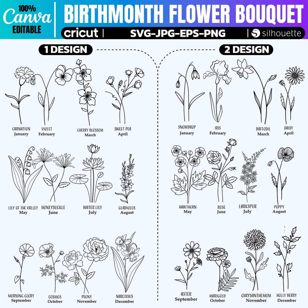 Birth Month Flower SVG Bundle: Botanical Designs (digital Download) - Etsy