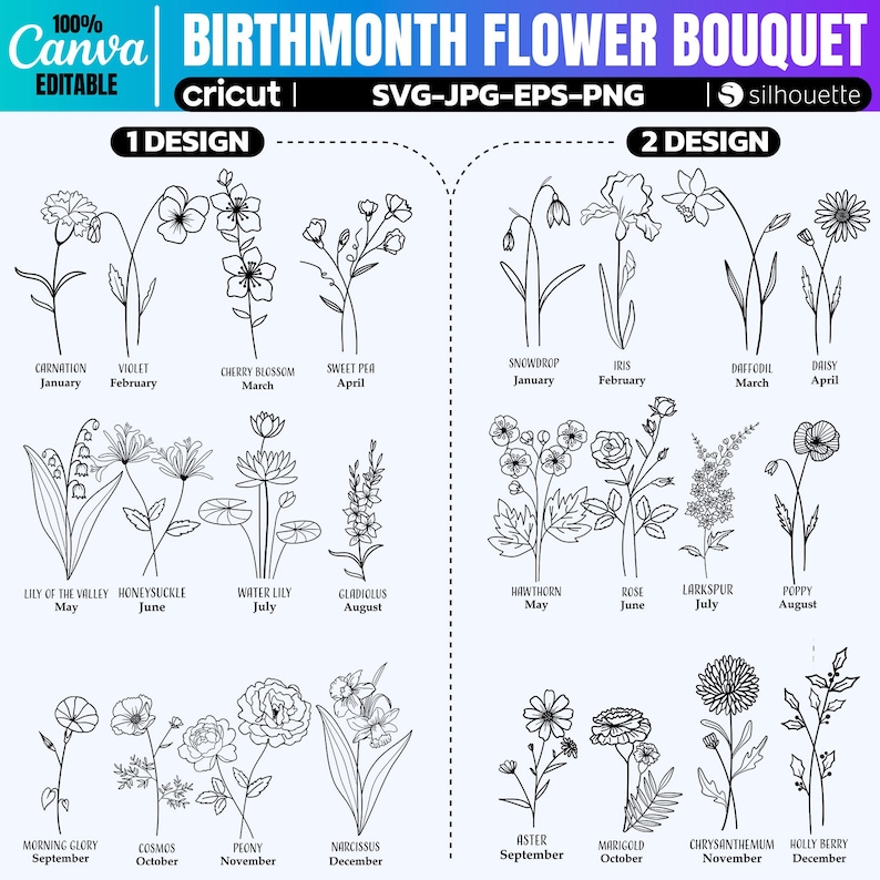 Birthmonth Flower Svg Bundle, Flower Svg, Birth Month Flower Png Bundle ...