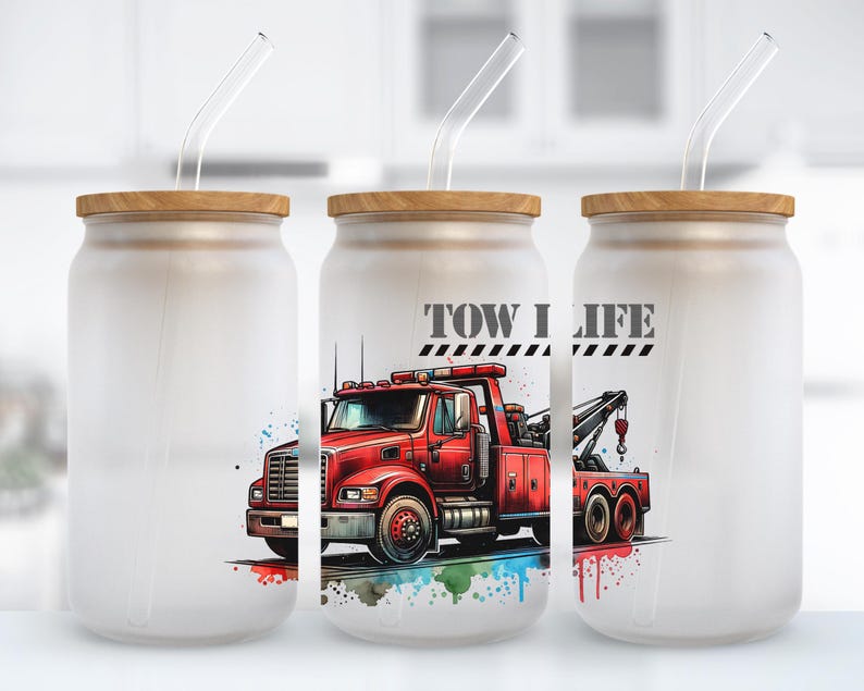 Tow Life Glass Cup PNG, Tow Truck Glass Tumbler Wrap for 16oz Glass Can ...