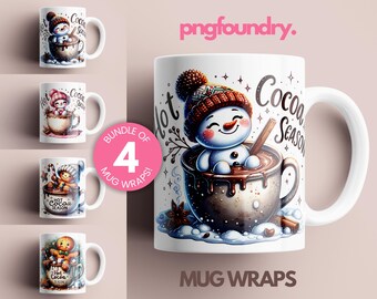 Hot Chocolate Mug Wrap Bundle, Hot Cocoa Mug PNG, Christmas Coffee Cup ...