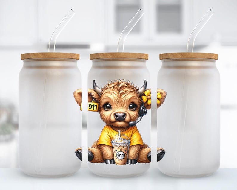 911 Dispatch Highland Cow Glass Can Wrap: Sublimation Design 16oz ...