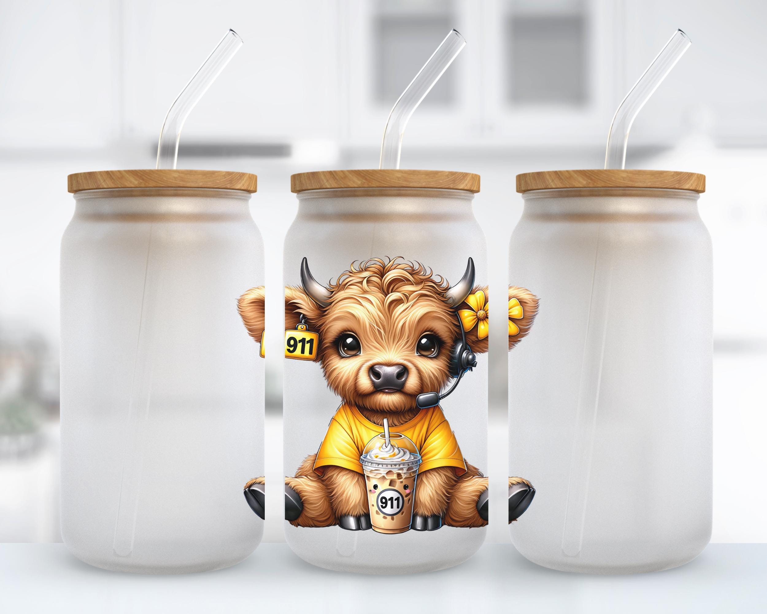 911 Dispatch Highland Cow Glass Can Wrap: Sublimation Design 16oz ...