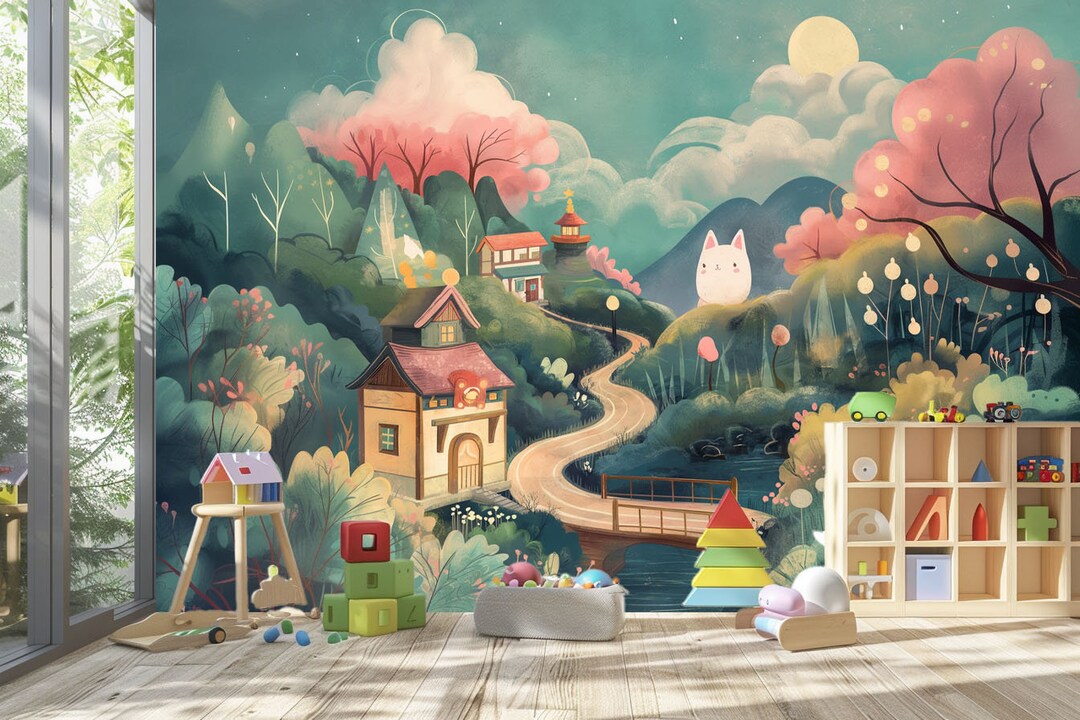 Kawaii Village Mural, Kids Mural, Playroom Mural, Happy Mural, Pink ...