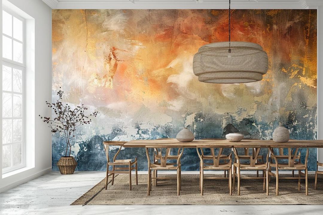 Wabi Sabi Abstract Mural of Orange and Gold, Distressed Mural, Textured ...