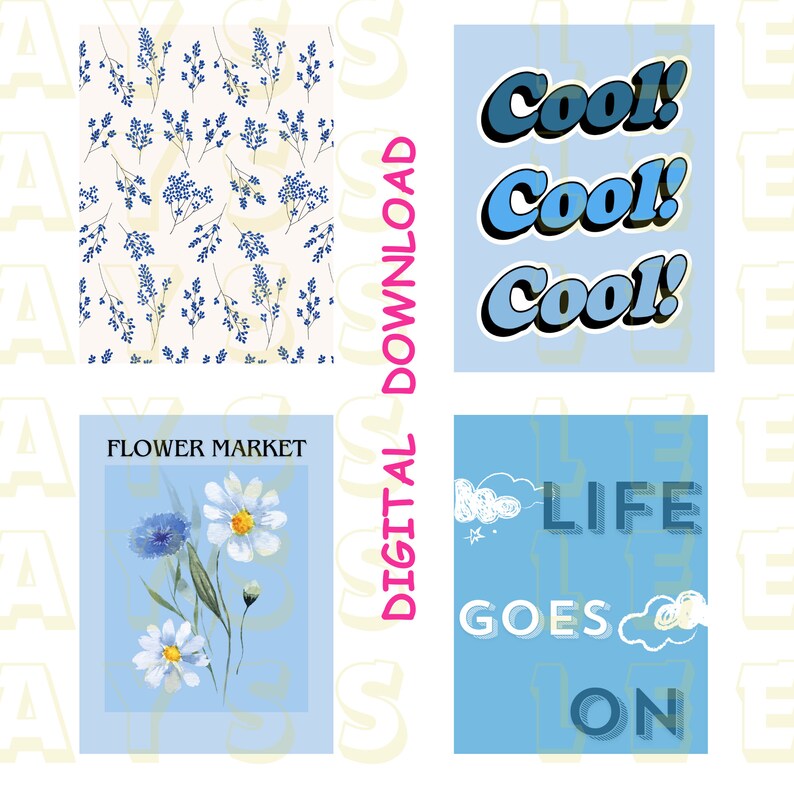 Light Blue Art Aesthetic Photo Collage Print, Wall Collage Kit,danish ...