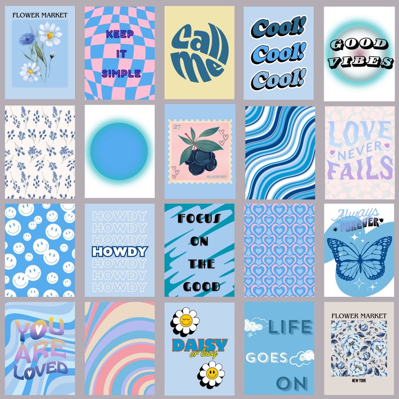 Light Blue Art Aesthetic Photo Collage Print, Wall Collage Kit,danish ...