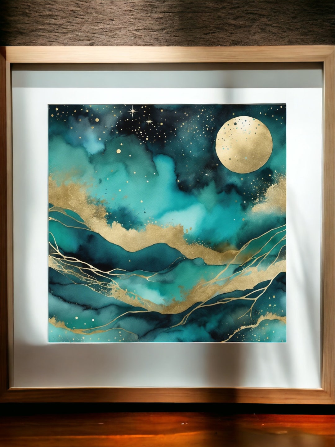 Abstract Teal and Gold Starry Night Trio Watercolour 3 Images Digital ...