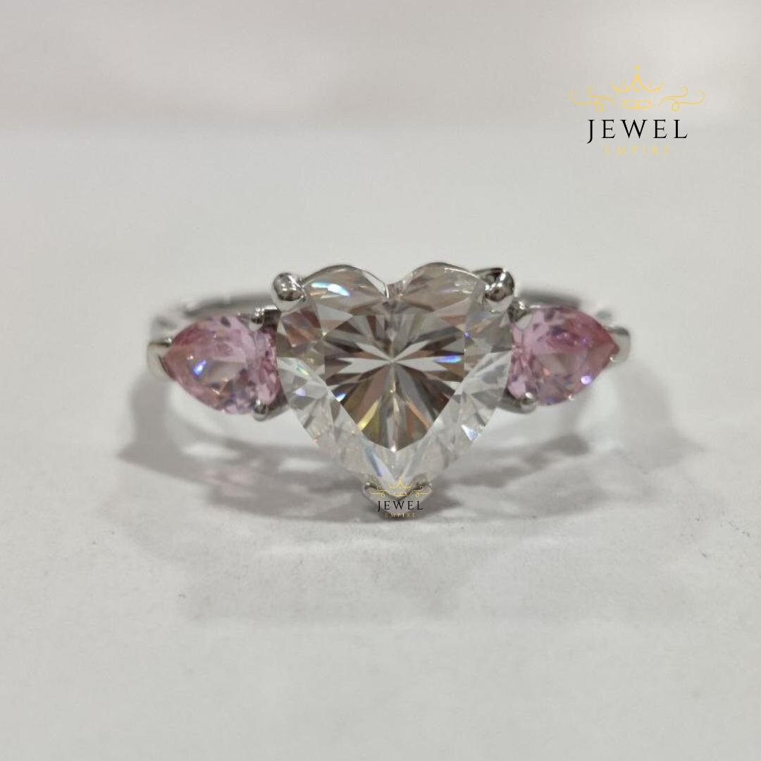 2.50 CT Heart Cut Moissanite Engagement Ring Three Stone Heart Shaped ...