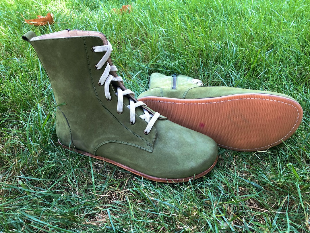 Women Barefoot Boots Nubuck Green Leather Boots Handmade Leather Boots Women Boots Zero Drop