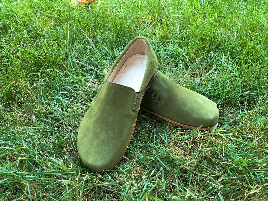 Men Barefoot Shoes, Handmade Nubuck Green Leather Shoes, Natural Yemeni ...
