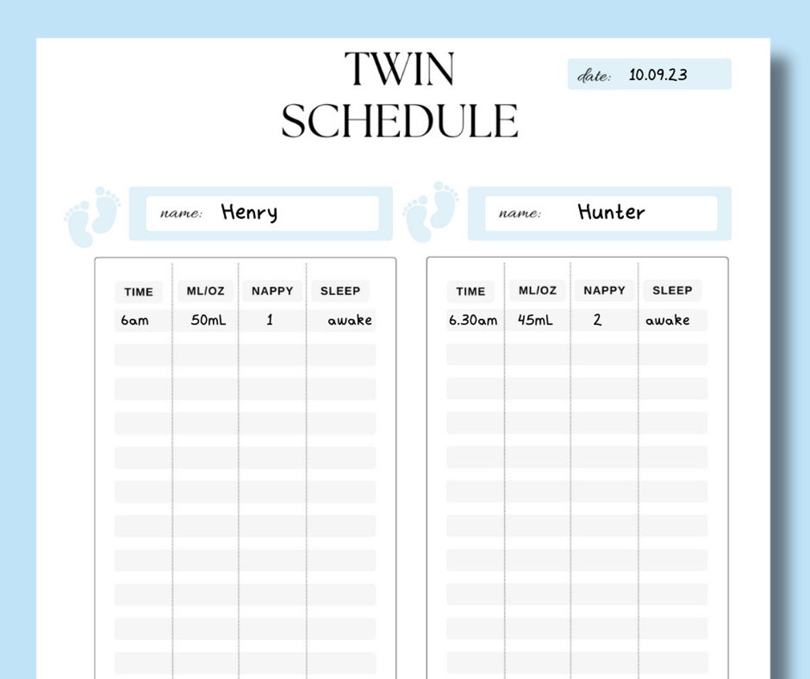 Twin Feeding Chart, Twin Log, Schedule, Twin Feeding Tracker, Twin Boy Feeding Schedule ...