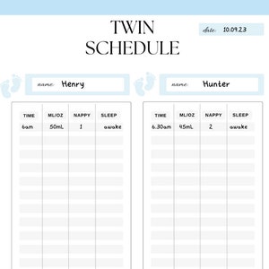 Twin Feeding Chart, Twin Log, Schedule, Twin Feeding Tracker, Twin Boy ...