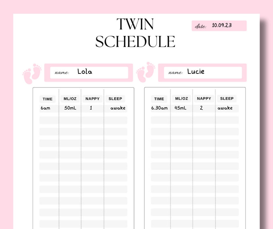 Twin Feeding Chart, Twin Log, Schedule, Twin Feeding Tracker, Twin Girl ...
