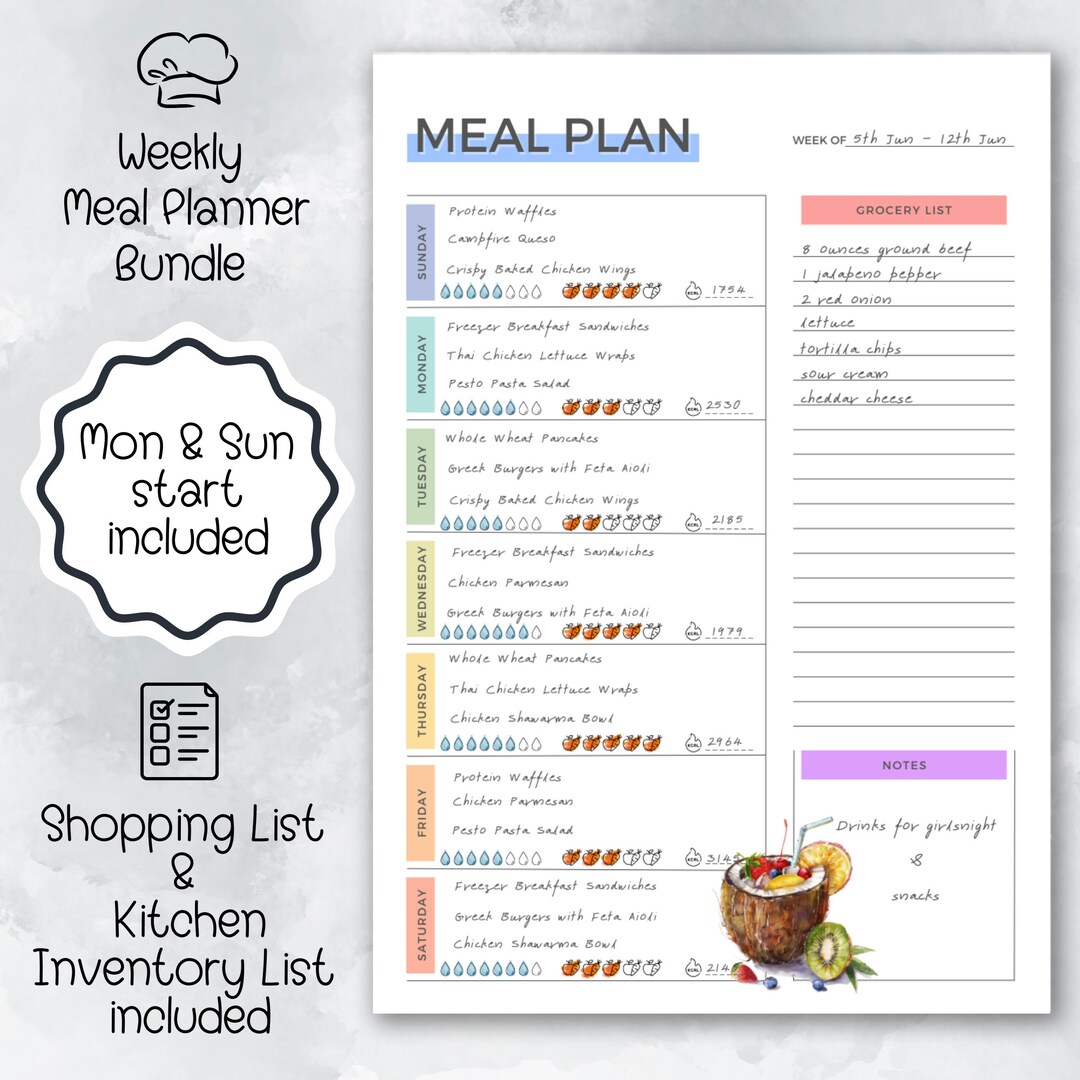 Weekly Meal Planner, Food Log, Menu Plan & Prep, Food Journal, Food ...