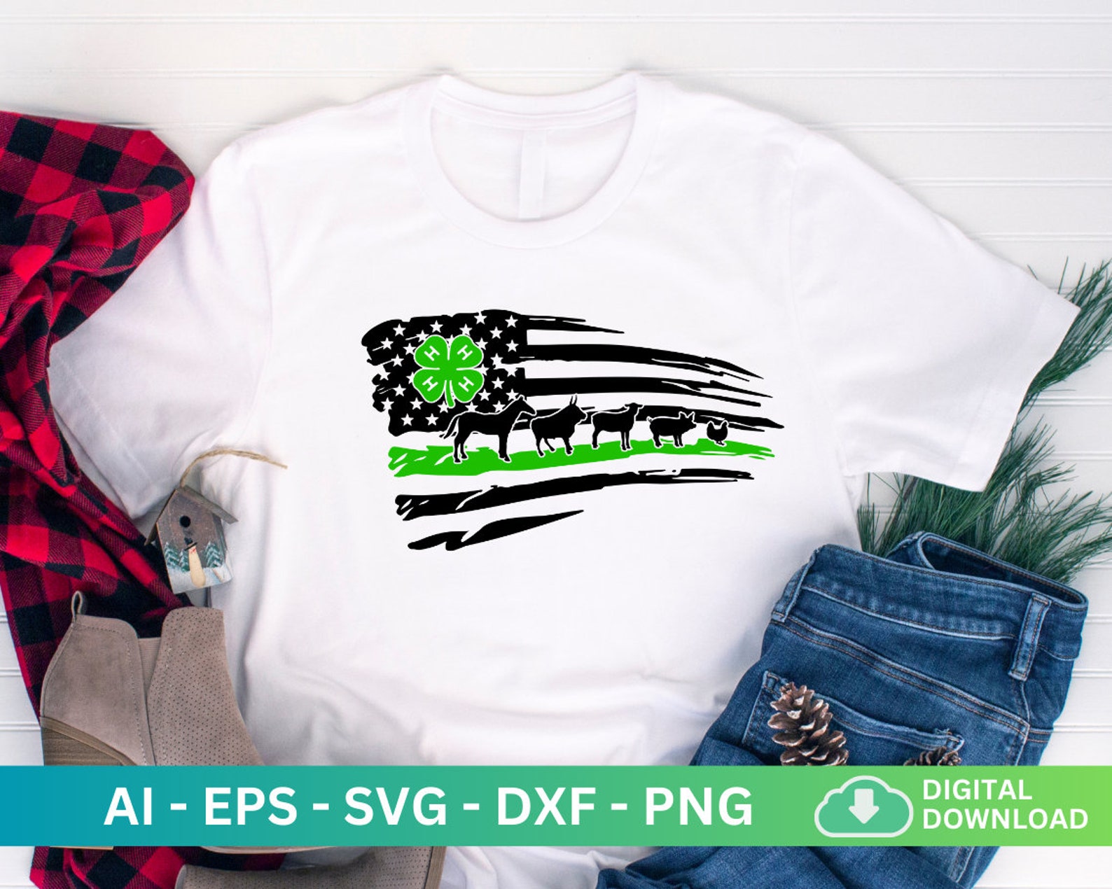 4H Clover Distressed Flag, 4-H Designs Svg, 4-H Club Shirt, County Fair ...