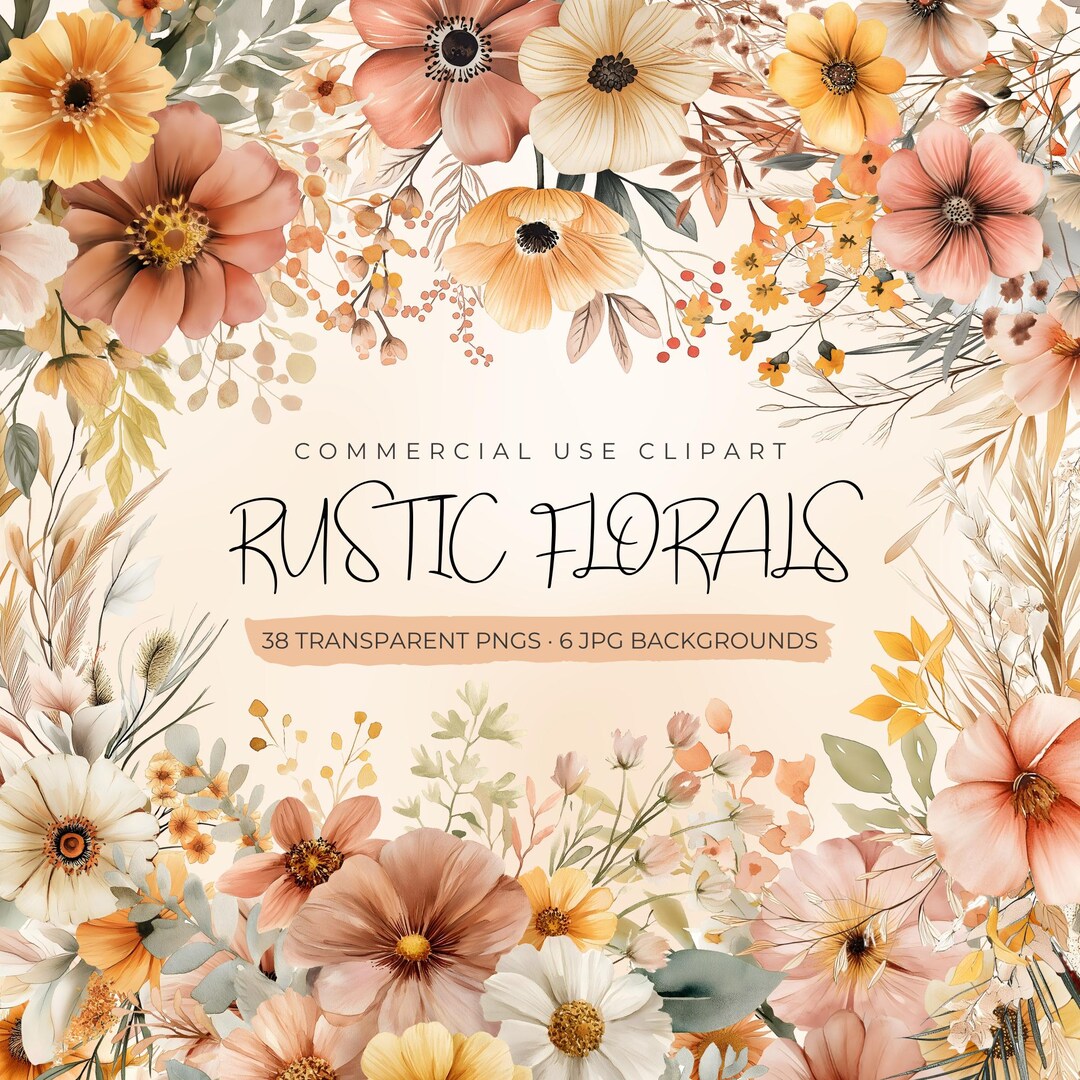 Cozy Rustic Floral Clipart Commercial Use Boho Wildflower Transparent ...