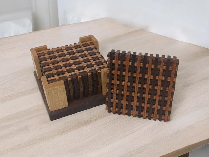 Unique Hand Crafted Walnut and Mahogany Coaster Set (4 Coasters + Tray ...
