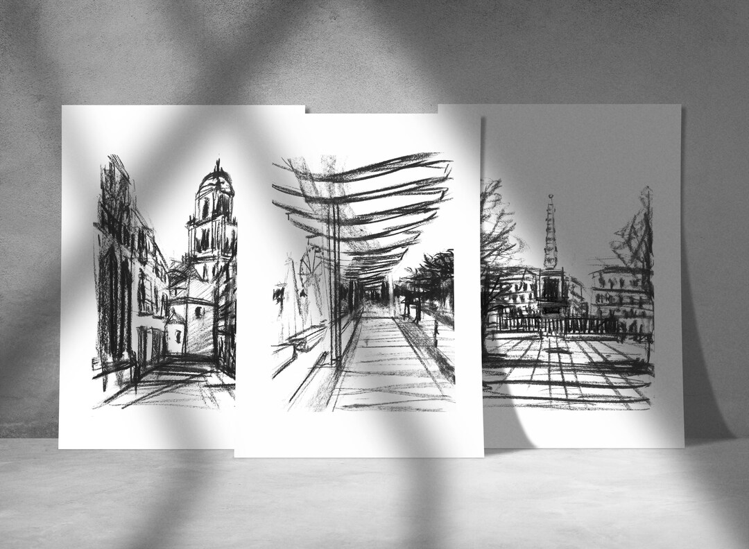 Málaga, Spain Set of 3 or 2 Landscape Art Print From Original Charcoal ...