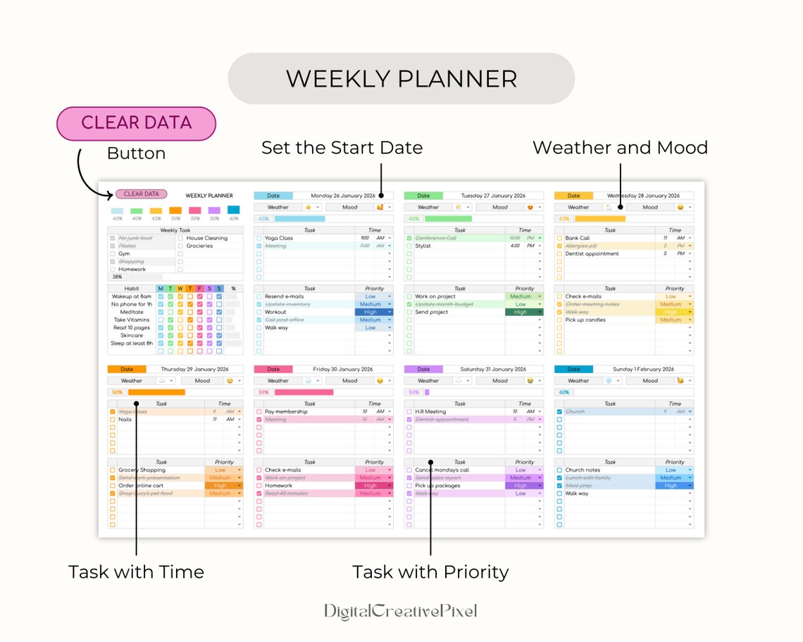 Daily and Weekly Planner, Google Sheets Template, Clear Button, to Do ...