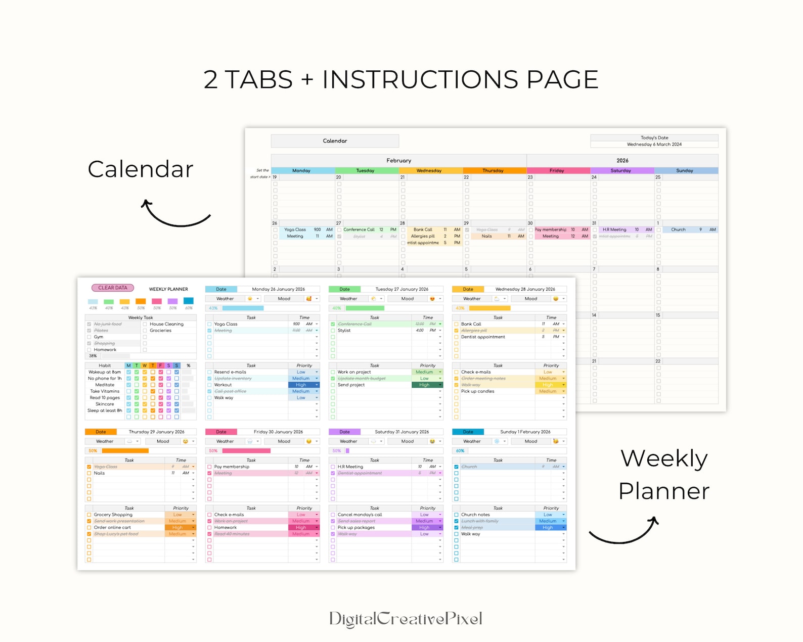 Daily and Weekly Planner, Google Sheets Template, Clear Button, to Do ...