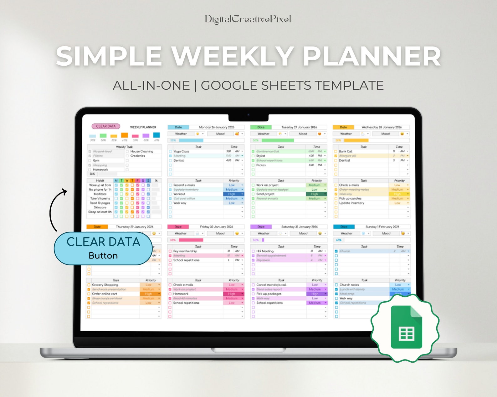 Daily and Weekly Planner, Google Sheets Template, Clear Button, to Do ...