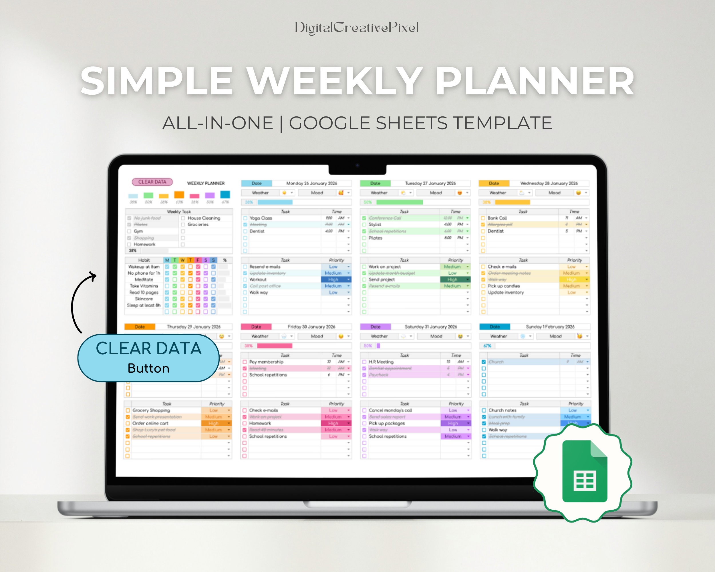 Daily and Weekly Planner, Google Sheets Template, Clear Button, to Do ...