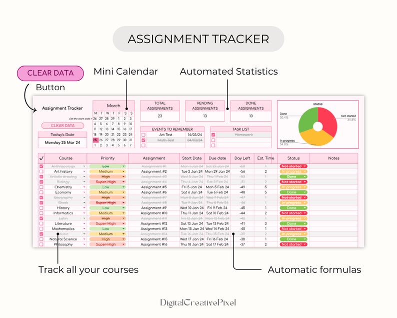 Assignment Tracker for Google Sheets, Clear Button, School Spreadsheet ...