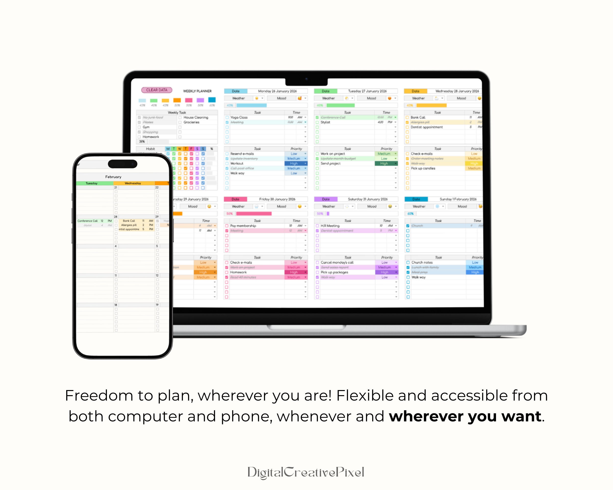 Daily and Weekly Planner, Google Sheets Template, Clear Button, to Do ...