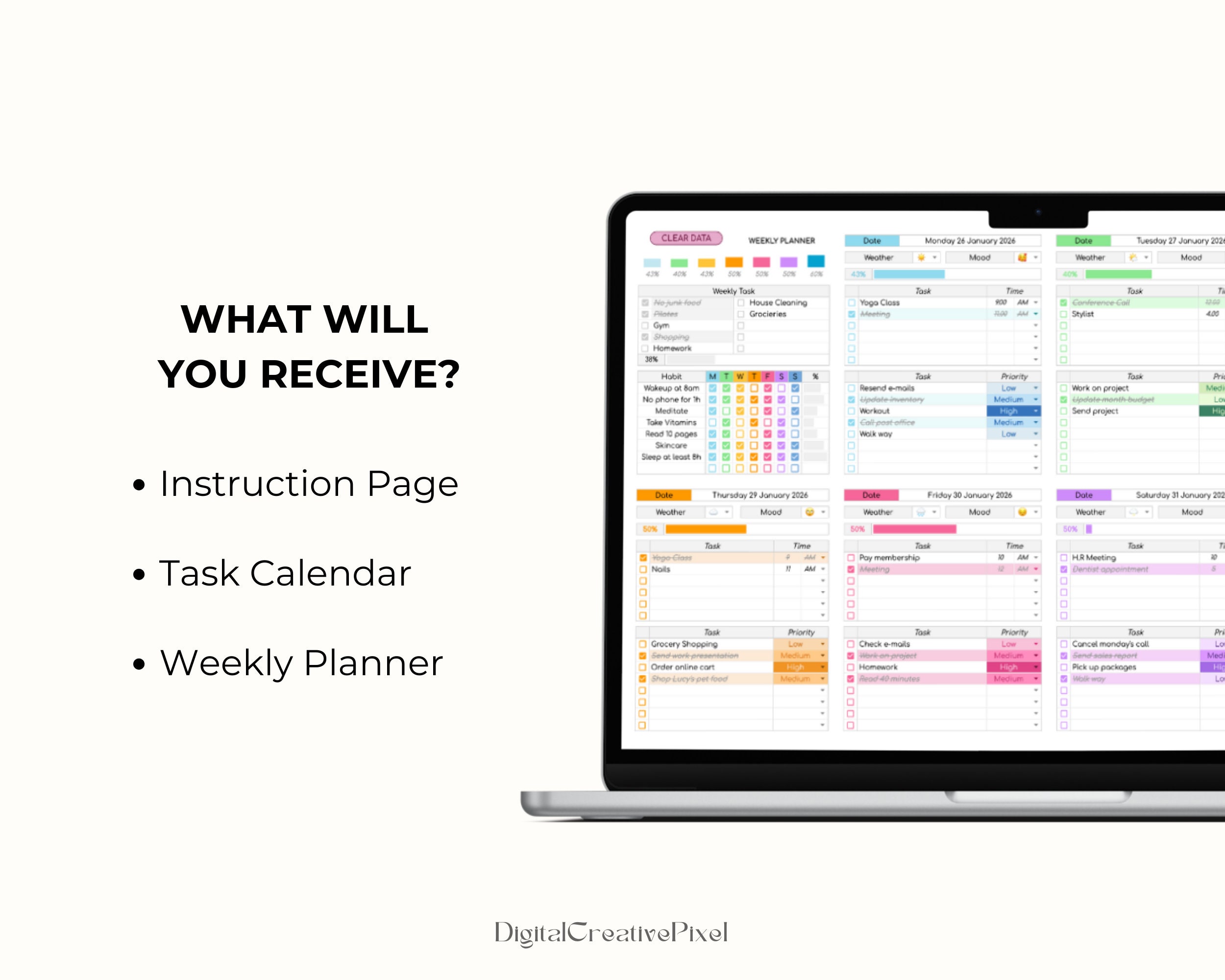 Daily and Weekly Planner, Google Sheets Template, Clear Button, to Do ...