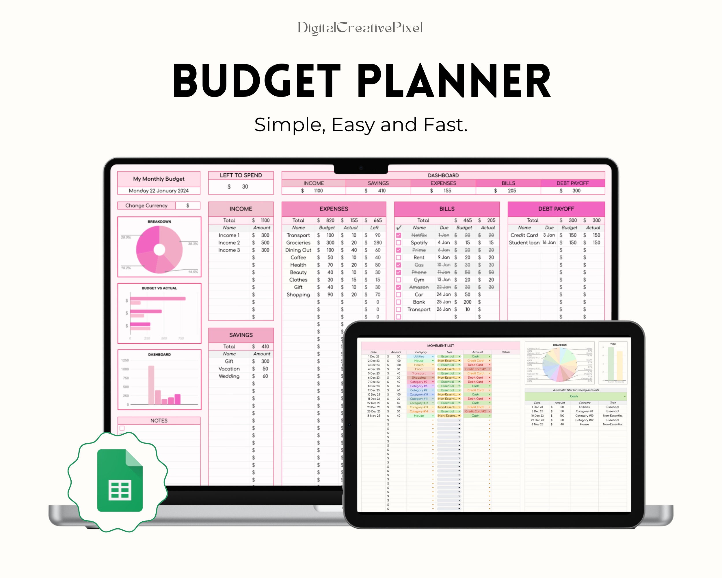 Monthly Budget for Google Sheets, Invoice Planner, Expense Tracker ...