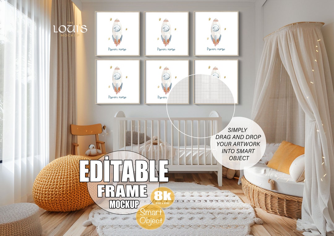6 Square Editable Baby Room Frame Mockup, 1x1 Frame Ratio, PSD Smart ...