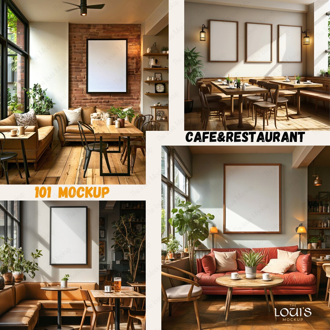 Modern Cafe Interior Wall Art Mockup, 101 Wall Art Mockup Bundle, Minimalist Decor Wooden Frame ...