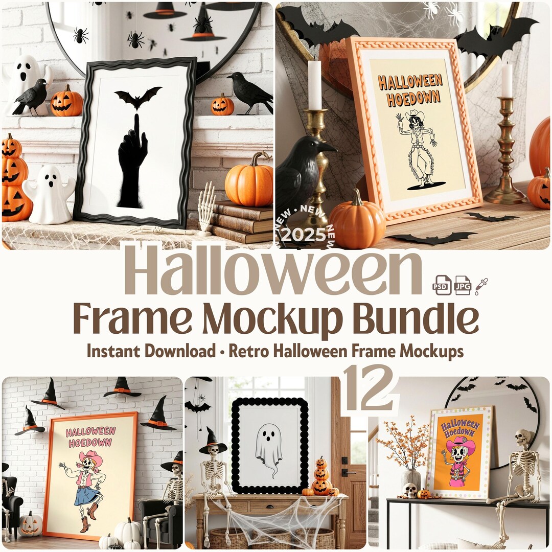 Halloween Frame Mockup Bundle 2025 | 12 Retro Wall Art PSD & JPG ...