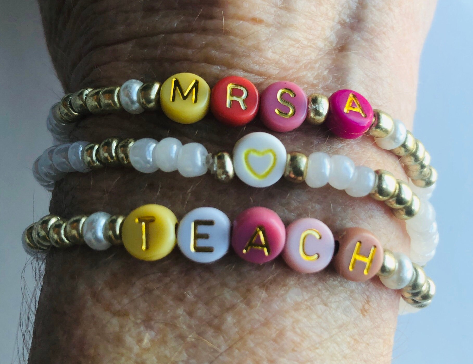 Beaded Teacher Bracelet Stack Teach Stretch Beaded Bracelets Teacher Gift Personalized Name ...