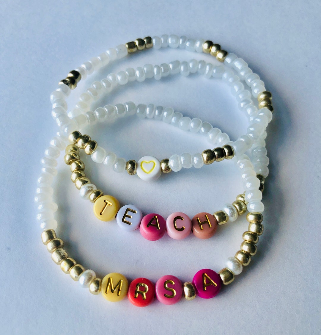 Beaded Teacher Bracelet Stack Teach Stretch Beaded Bracelets Teacher Gift Personalized Name ...