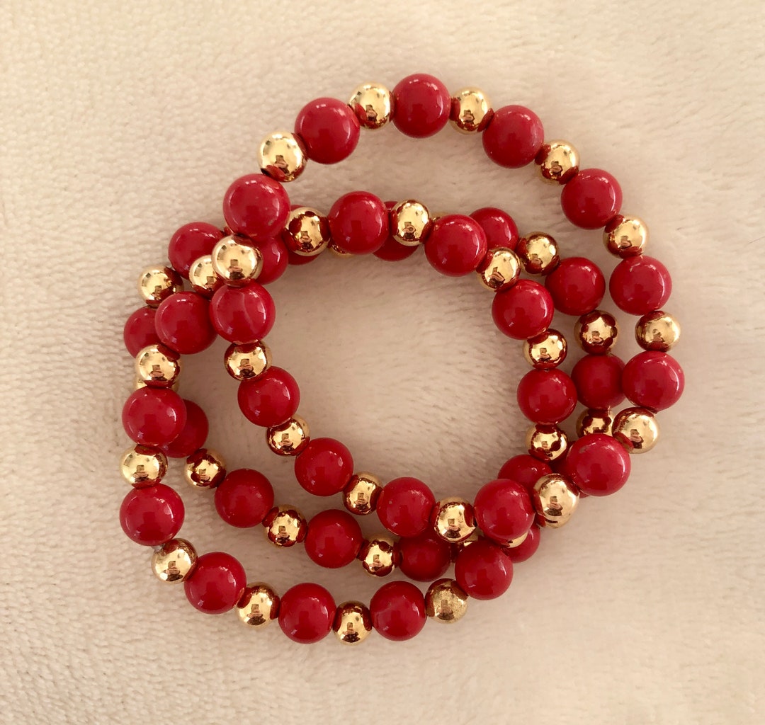 Red and Gold Bead Bracelet, Beaded Bracelets, Stretch Bracelet, Beaded ...