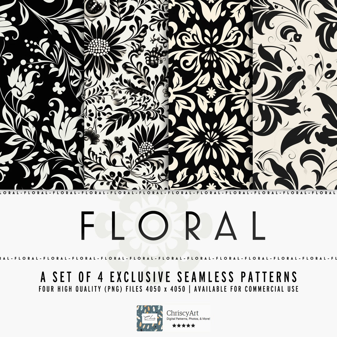 Monochrome Collection Set 4 Seamless Floral Style Patterns Digital ...