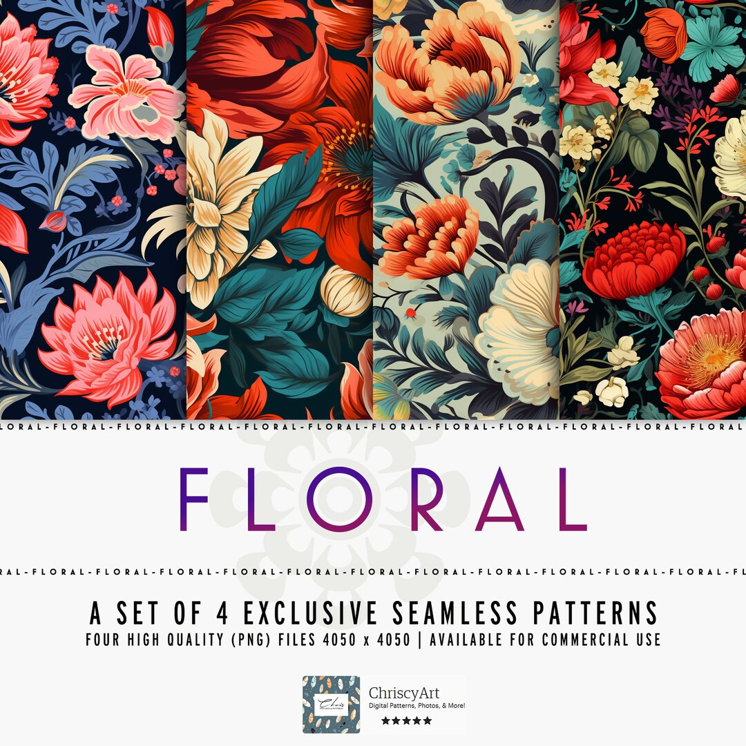 Floral Seamless Pattern Full HD for Clothing & Printable, Set of 4 ...