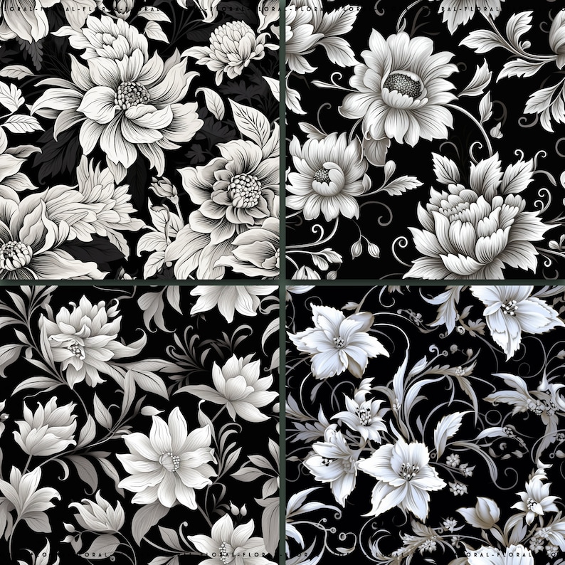 Black & White Seamless Pattern - Set of 4 - Digital Paper - Scrapbook ...
