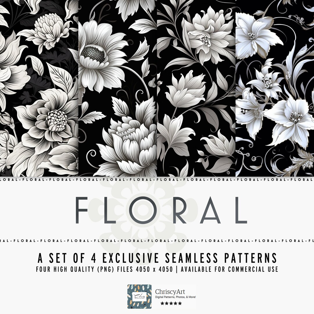 Black & White Seamless Pattern - Set of 4 - Digital Paper - Scrapbook ...