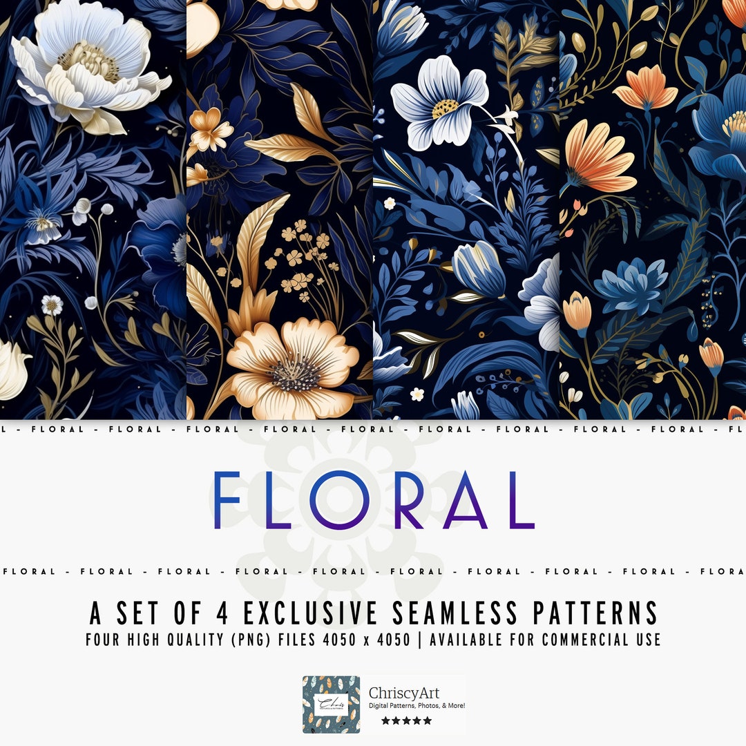 Dive Into Deep Blue Navy - 4 Seamless Floral Patterns - Digital Paper ...