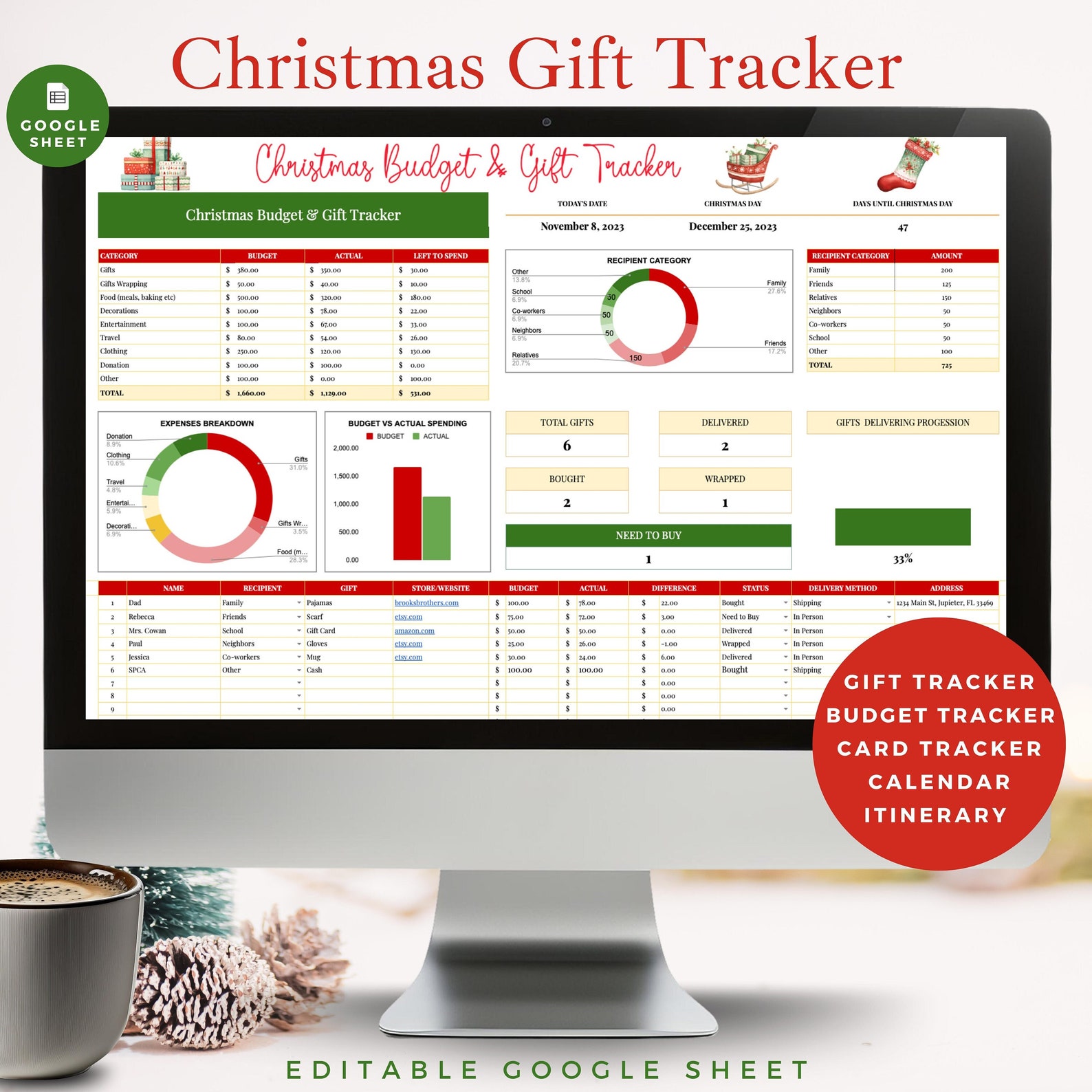 Christmas Gifts Tracker Google Sheets Holiday Gift Planner Spreadsheet ...