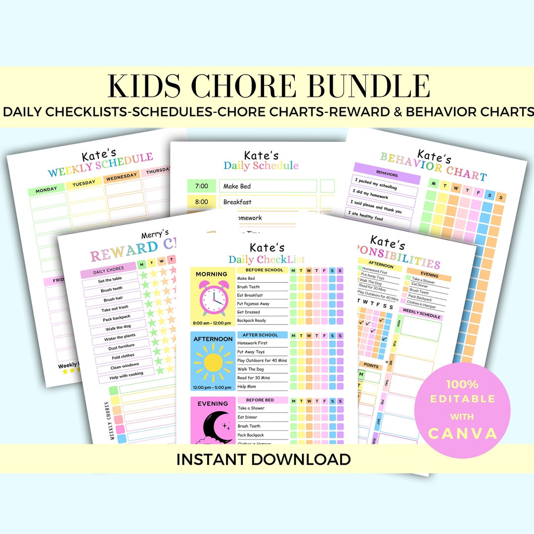 Editable Kids Chore Charts, Reward, Allowance, Screen Time, School ...