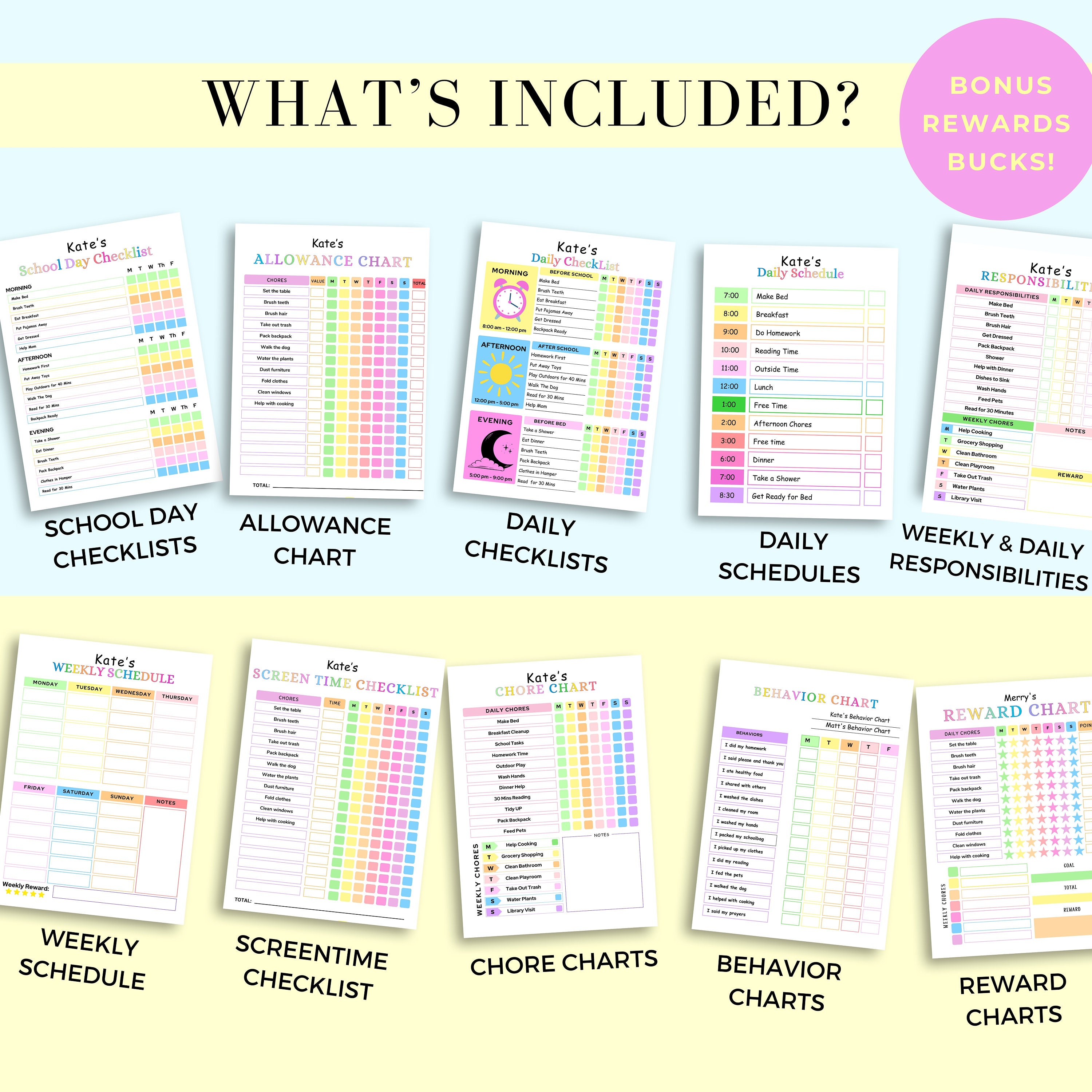 Editable Kids Chore Charts, Reward, Allowance, Screen Time, School ...