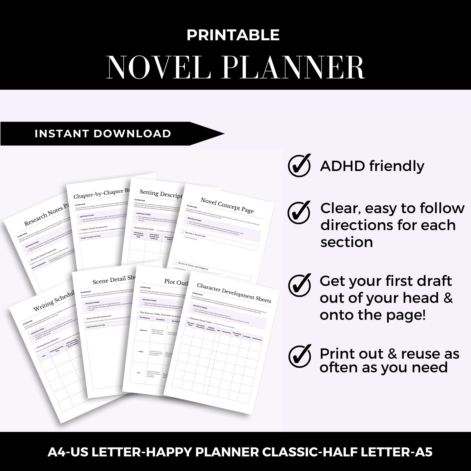 Printable Novel Planner Writing Workbook Novel Template A4 A5 Happy ...