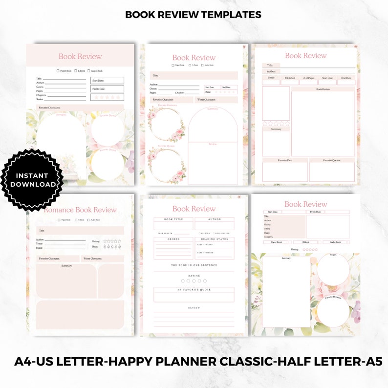 Book Review Template Printable Digital Book Review Notes Book Review ...