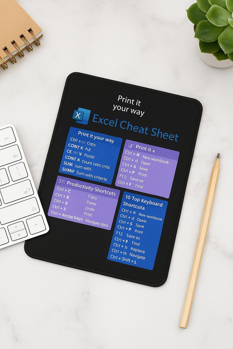 Excel Cheat Sheet Desk Mat | Keyboard Mouse Pad, Office Desk ...