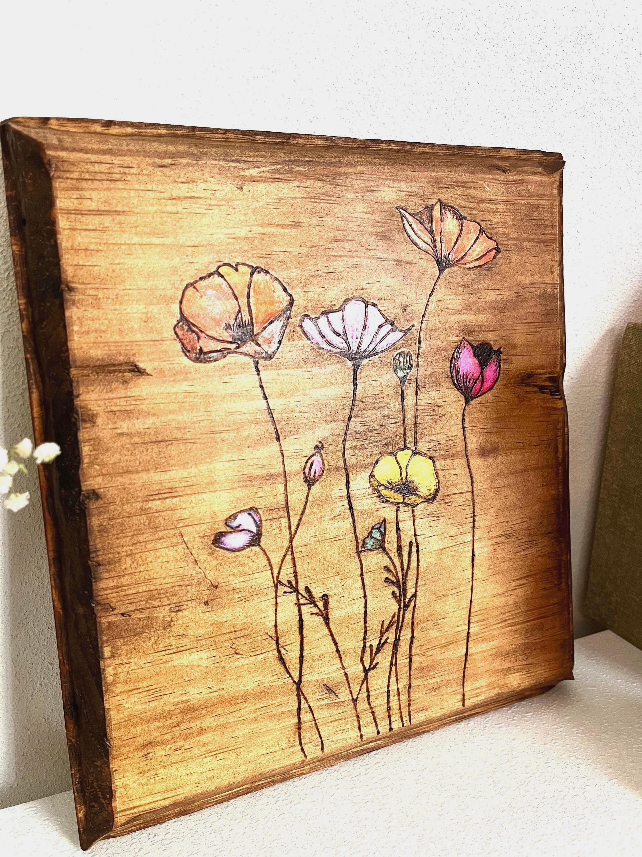 Handmade Pyrography Floral Panel - Botanical Wood Burned Art | Poppy ...